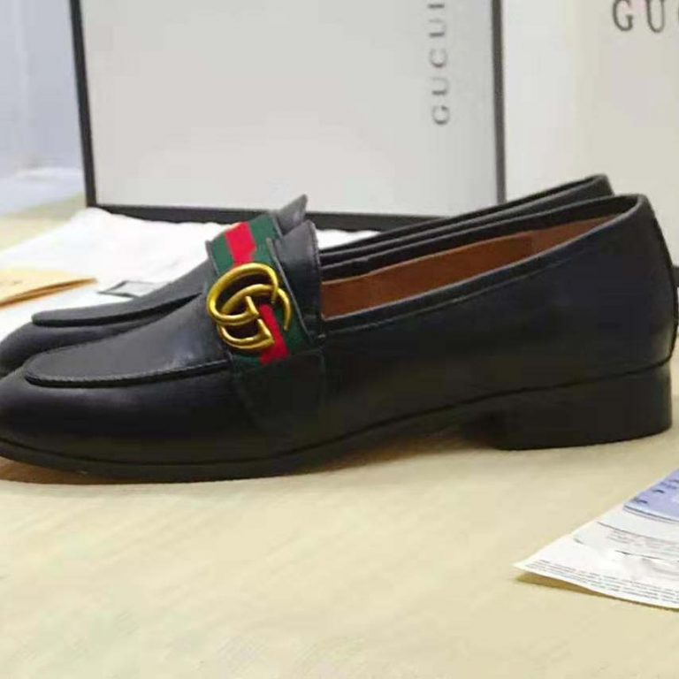 Gucci Men Leather Loafer with GG Web Shoes-Black - LULUX Gucci Men Leather Loafer with GG Web Shoes-Black - LULUX