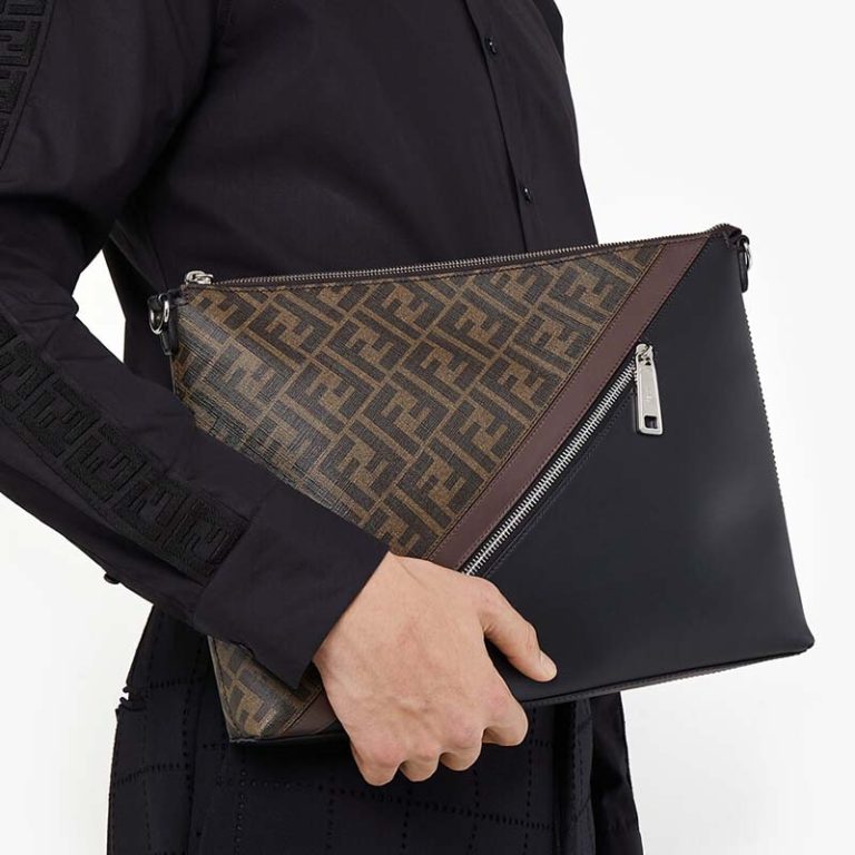 Fendi Men Slim Messenger Textured Brown Fabric Bag FF Motif - LULUX