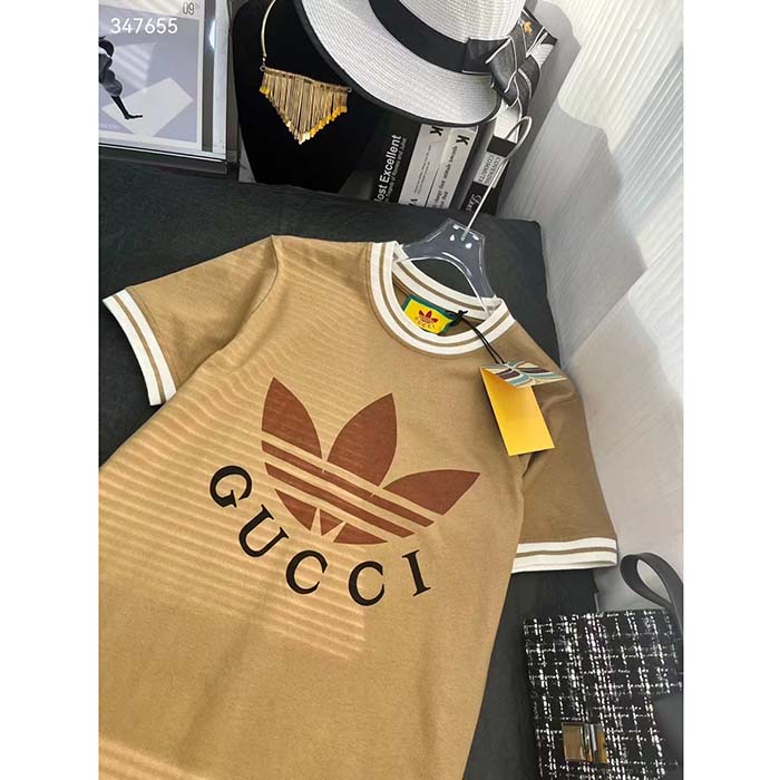 Gucci Men GG Adidas x Gucci Cotton T-Shirt Camel Jersey Gucci Men GG Adidas x Gucci Cotton T-Shirt Camel Jersey